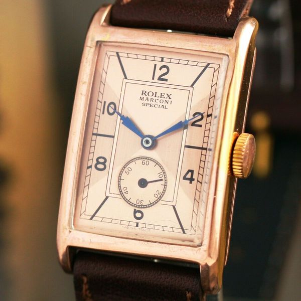 VINTAGE ROLEX MARCONI WATCH SALMON DIAL 18K GOLDPLATED RECTANGULAR CASE ...