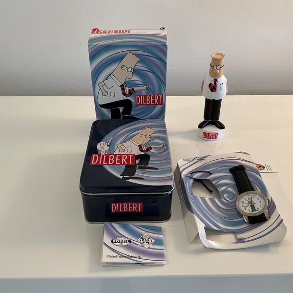 Dilbert Fossil Watch Leather Band & Figurine in Tin and outer box ...