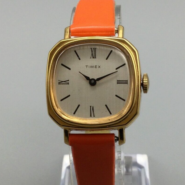 Vintage Timex Watch Women 25mm Gold Tone Square Dial Orange Band Manual ...