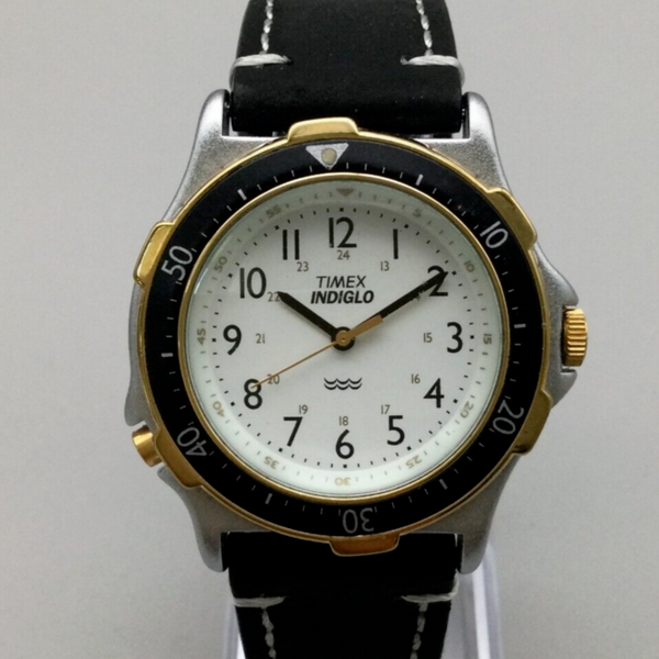 Vintage Timex Indiglo Watch Men 39mm Silver Gold Tone Rotating Bezel ...