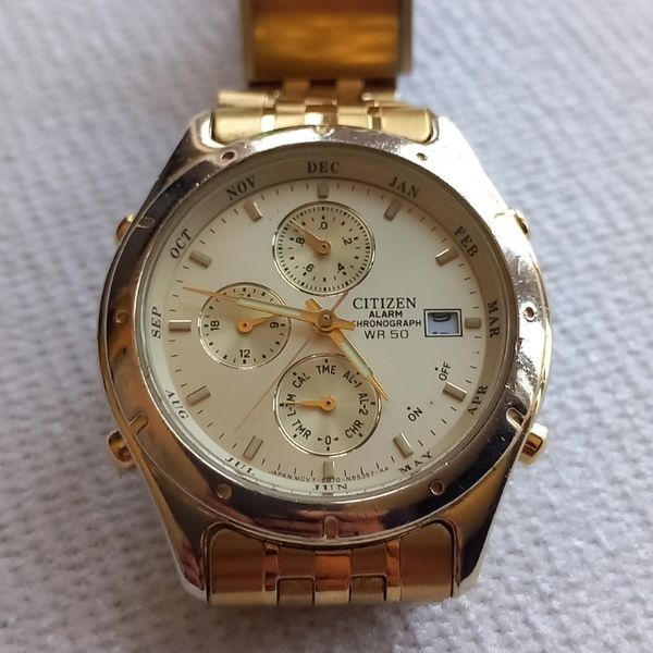 Men's Citizen Cal: 6870 Alarm Chrono Gold Dress Watch - 100m WR 50 ...