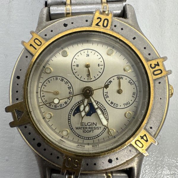 Vintage Elgin FS-408 Calendar Moon Phase Quartz 37 mm Mens Watch ...