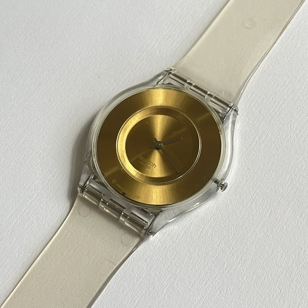 2001 Y2K Swatch Skin Watch Gold Clear Jelly Band New Battery - Working ...