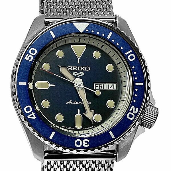 Seiko Five SRPD71 Automatic Watch Blue Bezel 100 Meter Mesh Stainless ...
