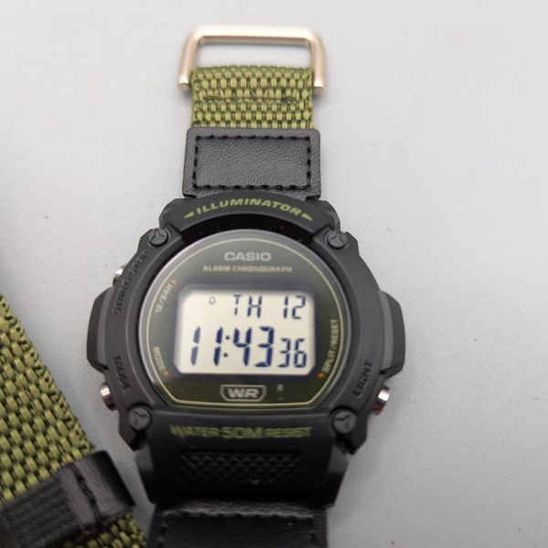Casio W-219H mens chronograph alarm watch black dial hook and loop ...