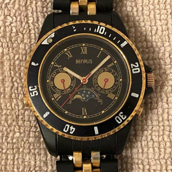 Men's Benrus Moon Phase Watch - Black/Gold Tones /Rotating Bezel / Date ...