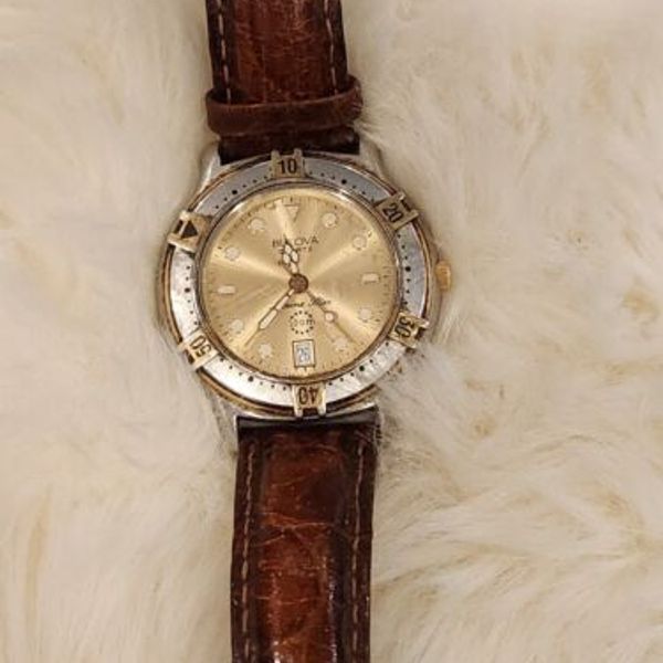 Vtg Bulova Marine Star Watch Men Silver Gold Tone Date Brown Band ...