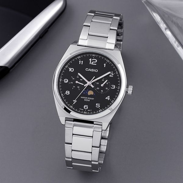 CASIO Watch MTP-M300D-1A Mens Black Moon Phase Business Stainless Steel ...