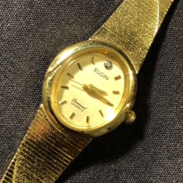 Elgin Ladies Watch Diamond Quartz Gold Toned Wristwatch Japan New ...