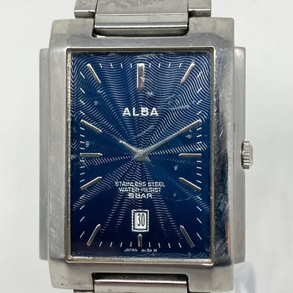 Vtg Seiko Alba Tank Watch Men 29mm Silver Tone Blue Dial Date VX3K-X040 ...