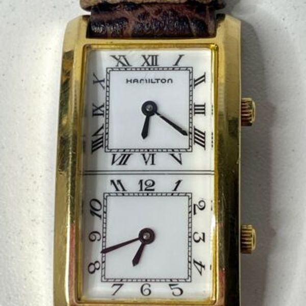 VINTAGE HAMILTON 6274 DUAL TIME GOLD TONE LEATHER STRAP WRISTWATCH | WatchCharts Marketplace