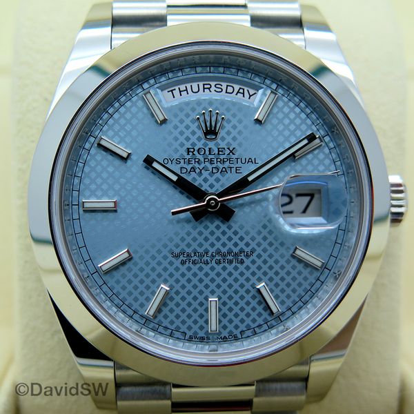 FS: Rolex 228206 DAY DATE 40 PLATINUM- ICE BLUE DIAGONAL MOTIF DIAL ...