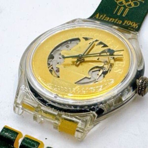 SWATCH ATLANTA 1996 Olympics Watch Green & Gold Automatic Wind Up AS-IS ...