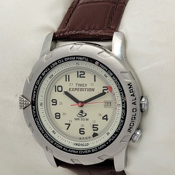 Mens Timex Expedition Shenmue Indiglo Alarm Silver Tone Date Analog ...