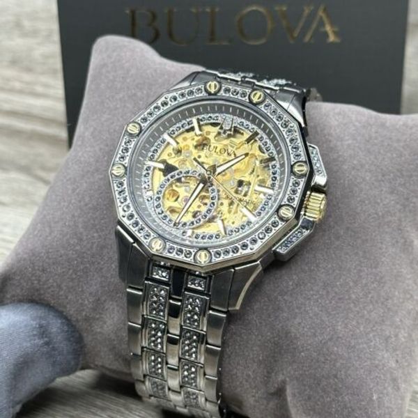 NEWâ SKELETONâ Bulova Octava Automatic Black Crystal Gray Steel Mens ...