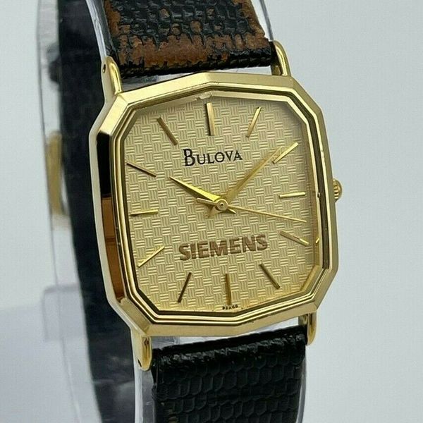 Men's 1997 Vintage BULOVA Gold Tone Dress Watch, "Siemens" Logo, Quartz ...