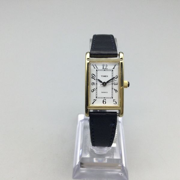 Timex Tank Watch Women 19mm Gold Tone Black Leather Band New Battery ...