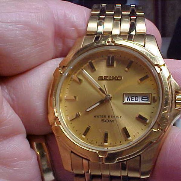 NICE MANS GOLD PLATED USE SEIKO WATCH MODEL V743-8B39 38MM AND 7 1/4 ...