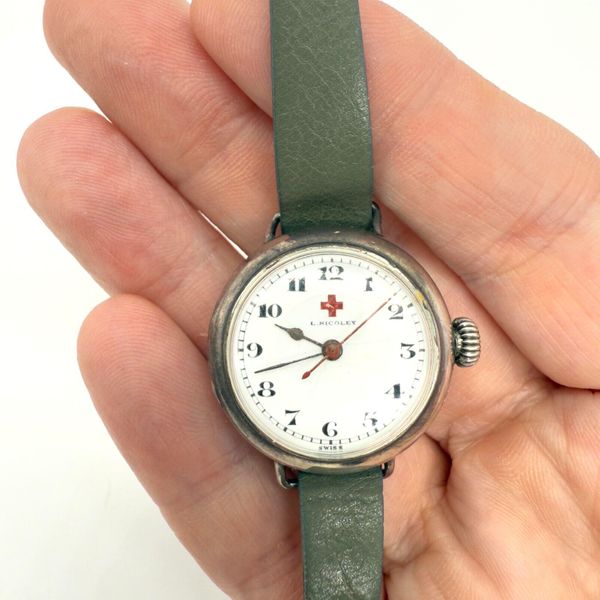 Vintage WWI Nurses Watch L Nicoley Green Calf Leather Sterling Silver ...