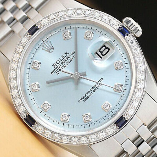 MENS ROLEX DATEJUST ICE BLUE DIAMOND DIAL 18K WHITE GOLD & STEEL WATCH ...