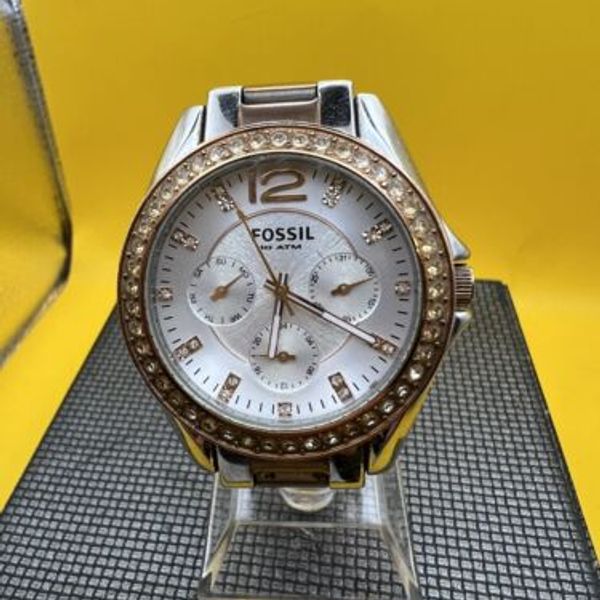 Fossil Riley ES-2787 Ladies Crystal Silver & Rose Gold Quartz Watch Day ...