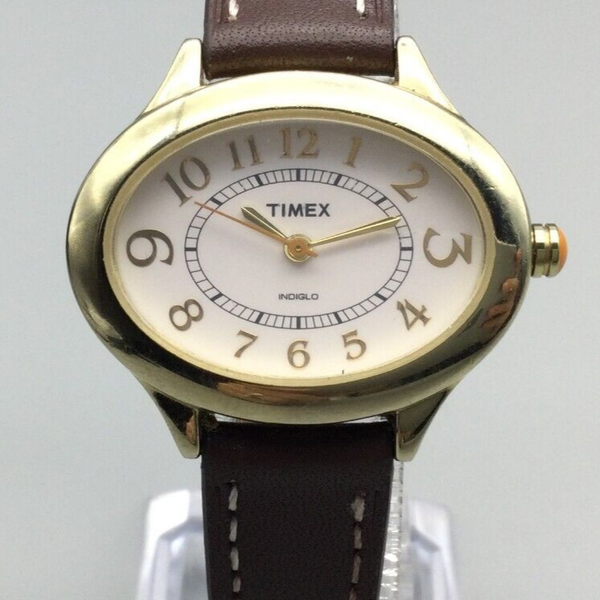 Timex Watch Women 34mm Gold Tone Oval Dial Indiglo Leather Band New ...