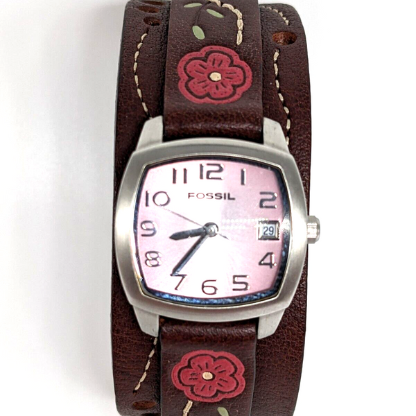 Fossil JR-8780 Women's Stainless Watch: Pink Dial Embroidered Band ...