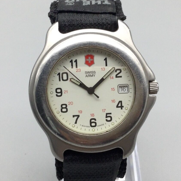 Vintage Swiss Army Watch Men Swiss Made Silver Tone Date Black Band New ...