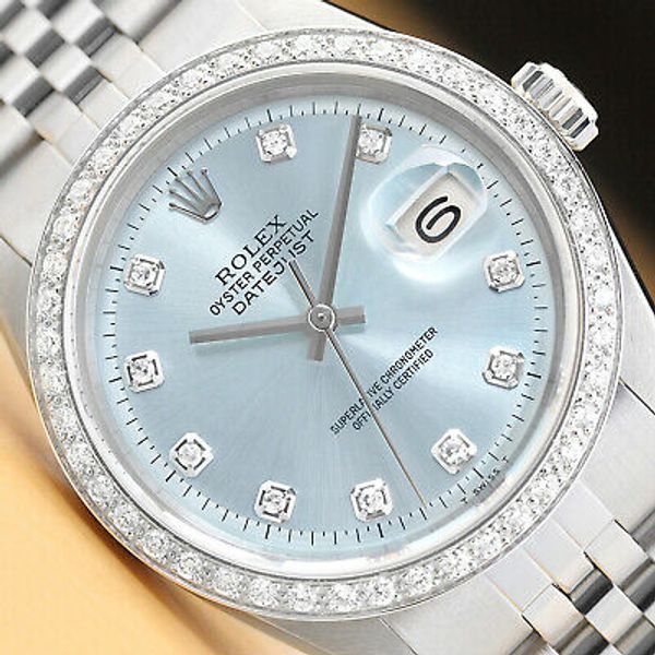 MENS ROLEX DATEJUST ICE BLUE 18K WHITE GOLD DIAMOND & STAINLESS STEEL ...