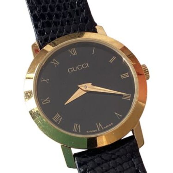 Vtg Gucci 2200L Quartz Round Black Dial Swiss Watch Gold Tone 10mm ...