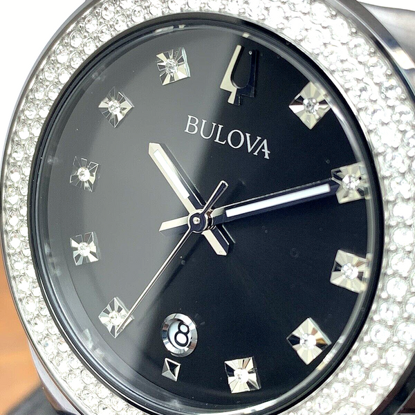 Bulova Men's Watch 96K101 Quartz Swarovski Crystals Pave Black Dial ...