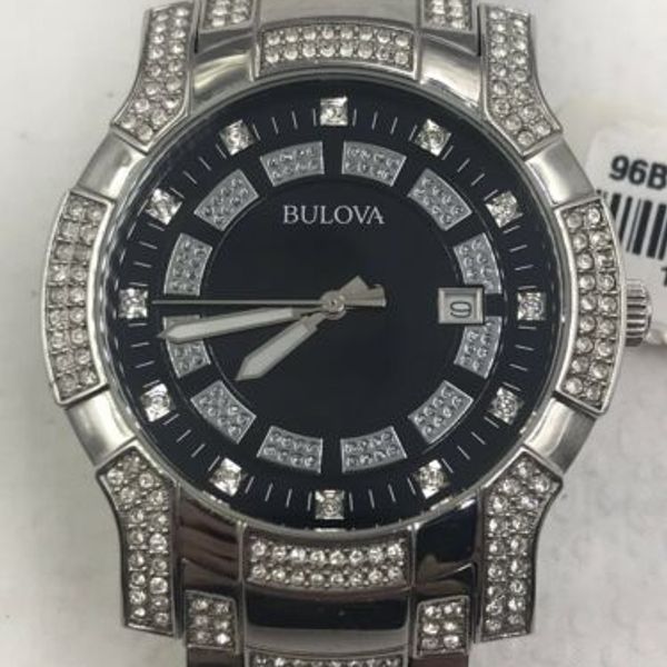Men’s Bulova Swarovski Crystal Stainless Steel Black Dial $575 Watch ...