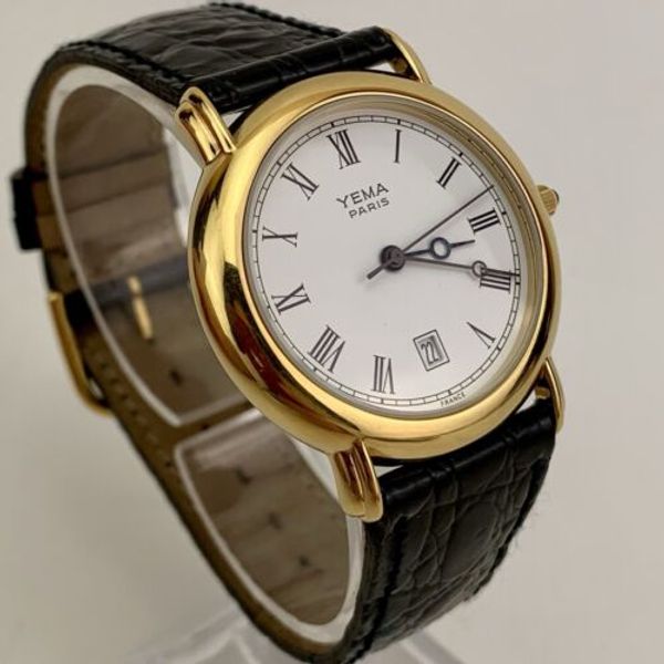 VTG Yema Paris Mens Dress Watch Gold Date Moon Hands Cabachon Crown New ...