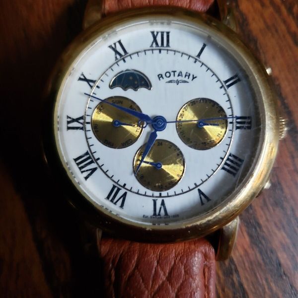 Rotary Unisex Moon phase Day,Date Month Display Gold Plated Leather ...