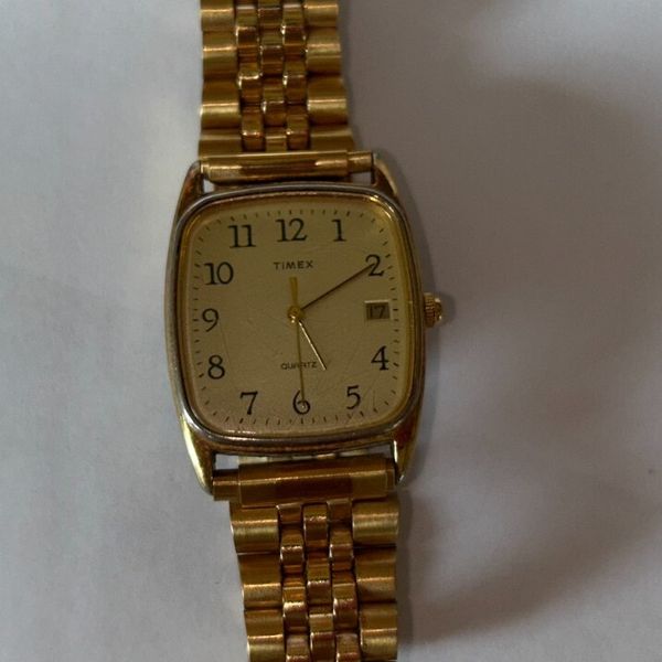 VTG 1980s Men's Timex 29mm Tank Date Quartz Watch Gold Tone New band ...