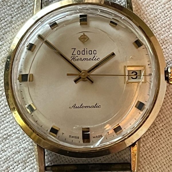 VINTAGE ZODIAC HERMETIC AUTOMATIC 10K GOLD FILLED SWISS WATCH for PARTS ...