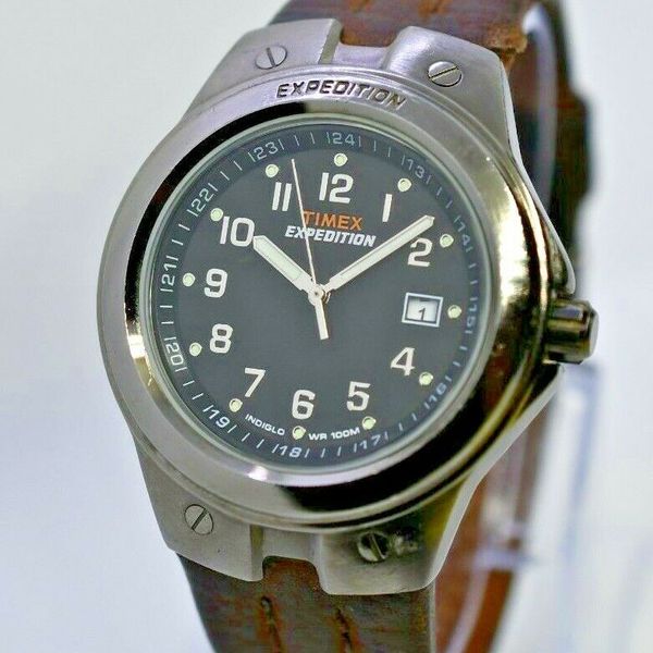 Timex T49631, Men's "Expedition" Brown Leather Watch, Indiglo, Date ...