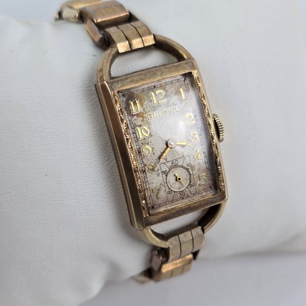 Vintage Bulova 10K Gold Filled Tank Watch 20mm GF Bracelet w/ Sub Dial ...