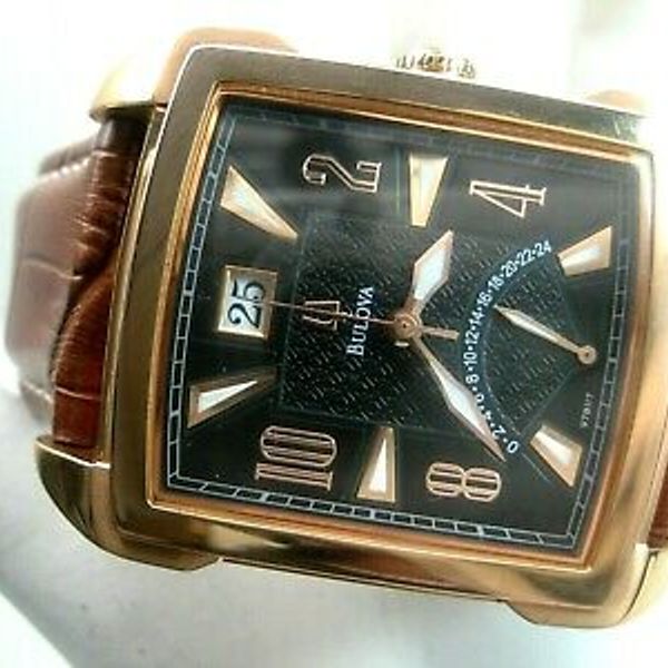 BULOVA 97B117 MEN'S CASUAL WATCH ROSE G/P CASE BLACK DIAL DAY / 24 HOUR ...
