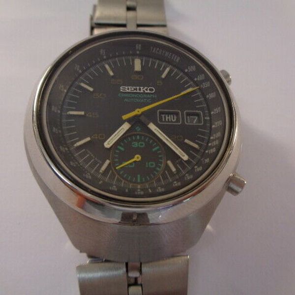 SEIKO CHRONOGRAPH MENS WATCH DAY & DATE 6139-7100 black helmet fishbone ...