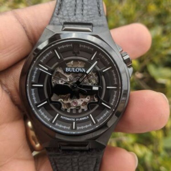 Bulova Maquina Automatic Black Skeleton Dial Black Leather Men's Watch ...
