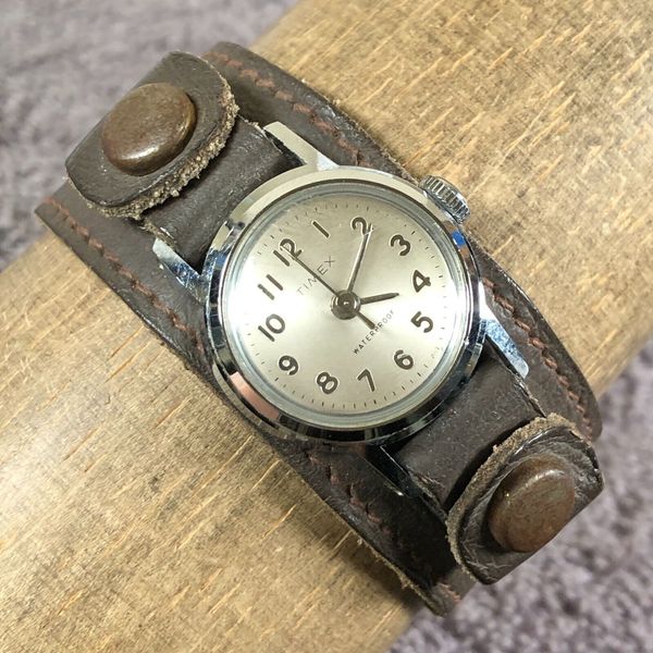 Vintage Timex Women Brown Leather Bund Strap 23mm Mechanical Wind Watch ...