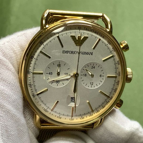Emporio Armani AR11315 Chronograph Date Silver Dial 5 Atm Gold Men ...