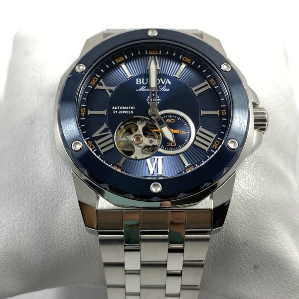 Bulova Marine Star Automatic Blue Skeleton Dial Steel Men's Watch ...