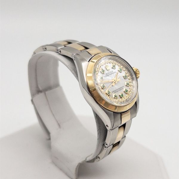 $9000 Rolex Oyster Perpetual Emerald Diamond 18k Yellow Gold SS Ladies ...