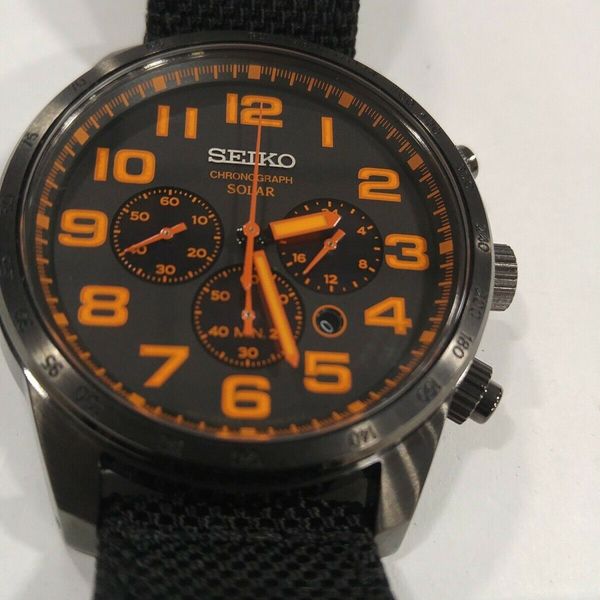 seiko solar pilots watch with chronograph black face with orange ...