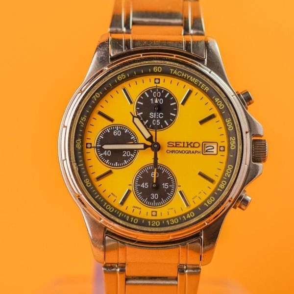 SEIKO 7T92-0BA0 Chronograph Yellow Panda Dial ~38mm Mens Quartz Watch ...