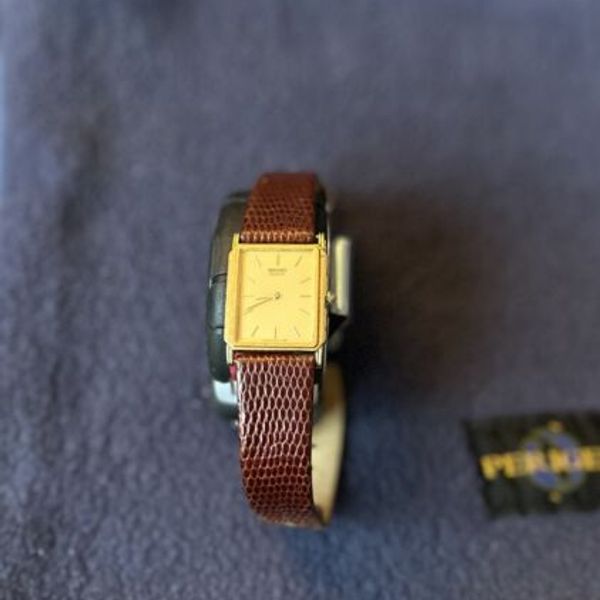 Vintage Seiko Gold Tone Quartz Rectangle Dial Watch With Leather Band ...