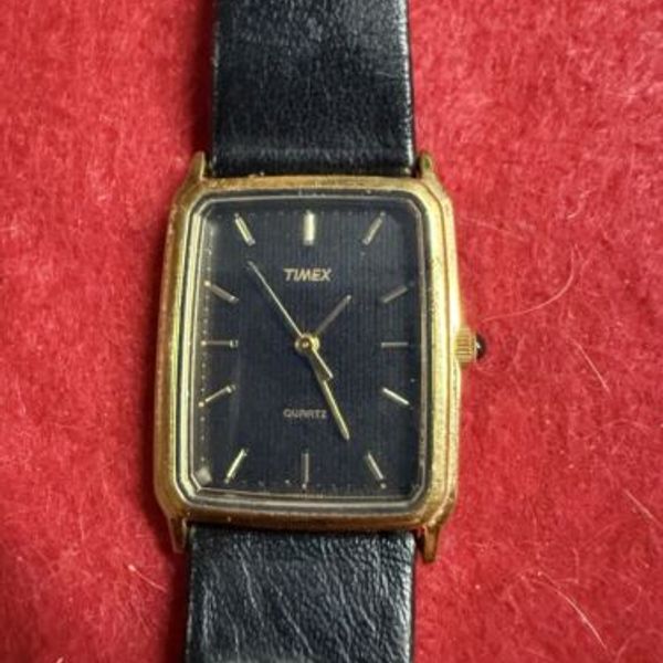 VTG 1989 Timex Tank Watch 26mm Women Gold Tone Black Leather Band New ...