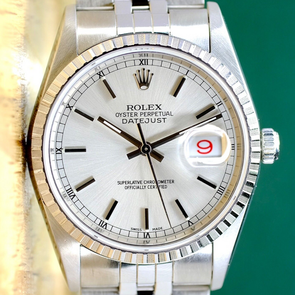 2005 ROLEX DATEJUST WATCH MENS SS SILVER INDEX ENGINE TURNED ROULETTE ...